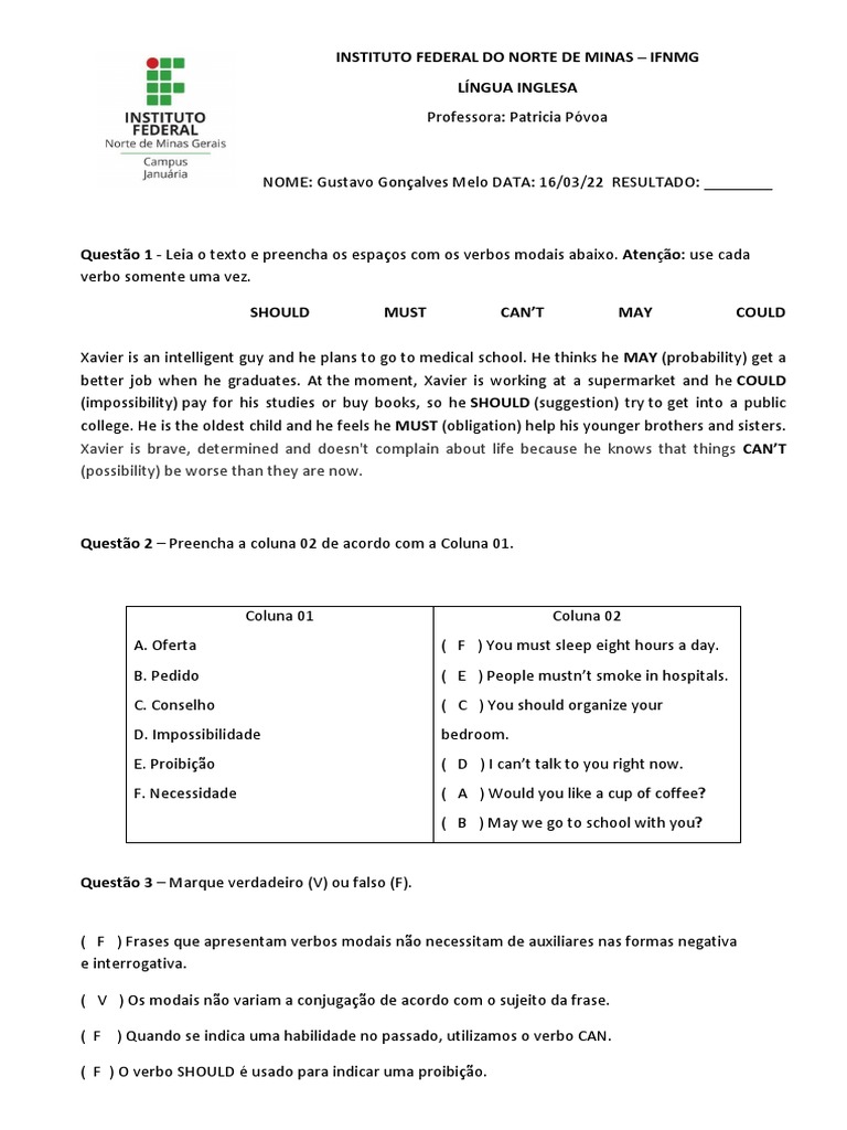 Atividade 1º Ano Verbos Modais | PDF