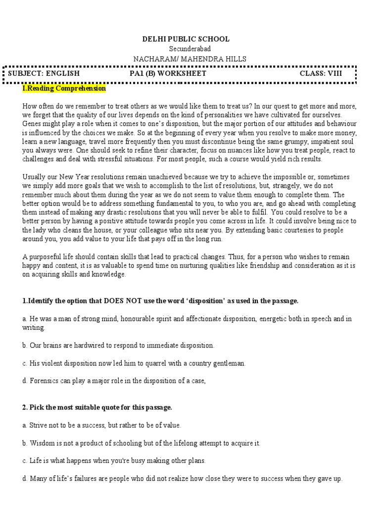 Class 8 Revision Worksheet PA1 (B) | PDF | Career & Growth