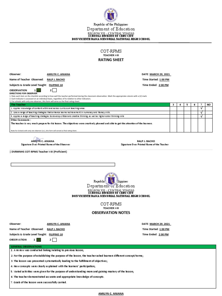 Cot and Observation Notes | PDF