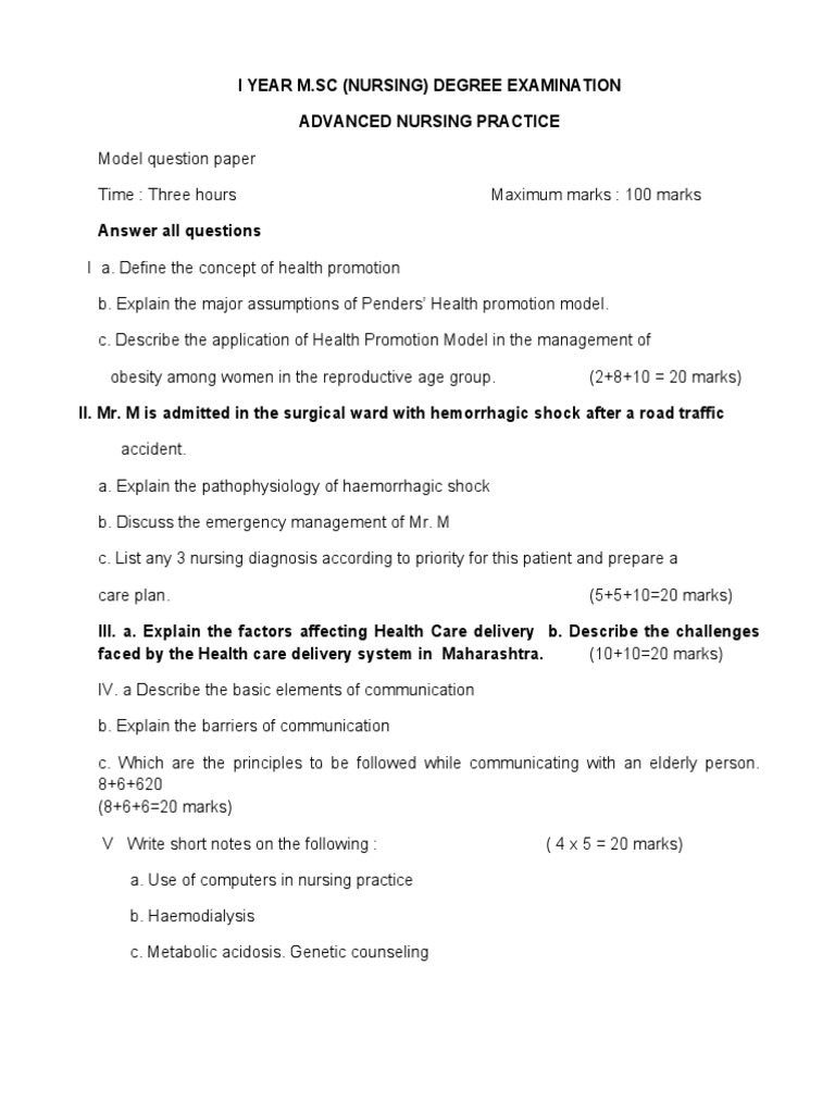 MSc Nursing exam question paper on advanced nursing practice | PDF ...