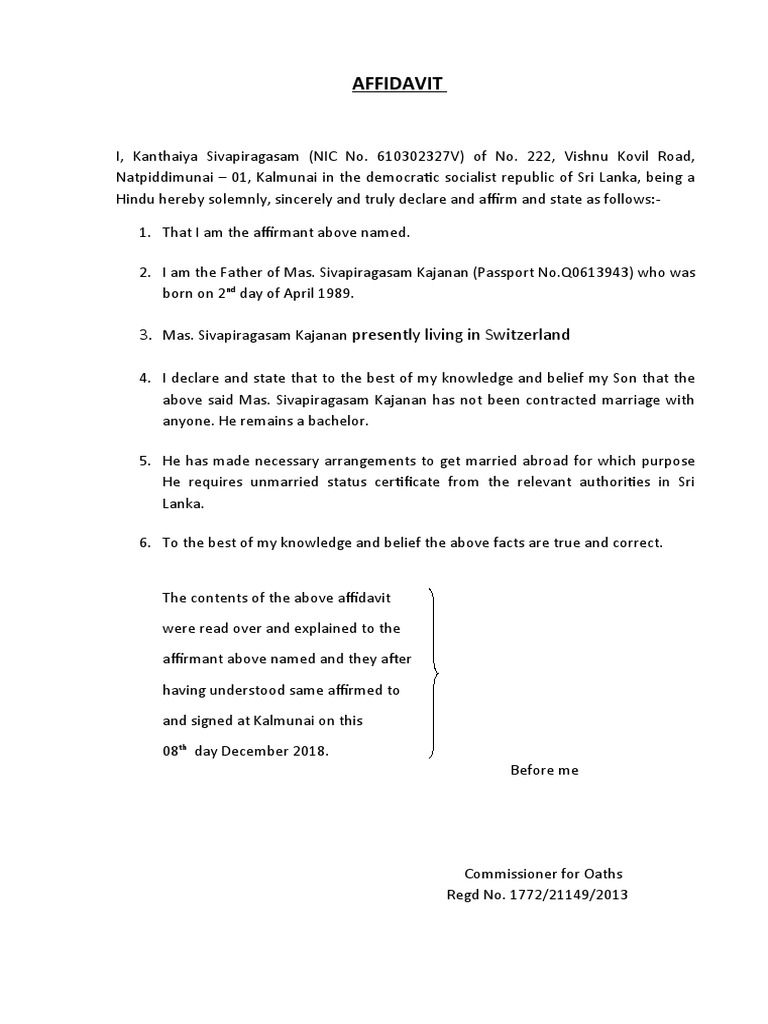 Unmarried Certificate Affidavit Format | PDF