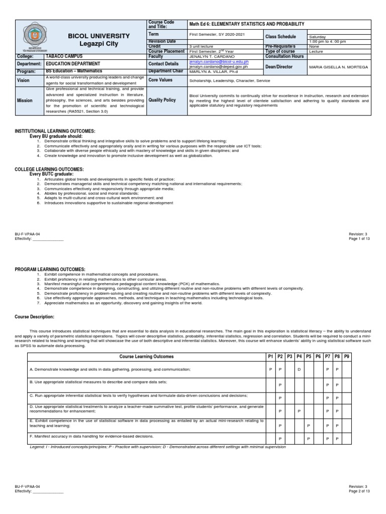 Elementary Statistics Course Syllabus | PDF | Statistics | Sampling ...