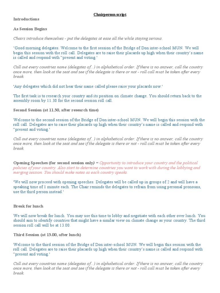 Introductions As Session Begins: Chairperson Script | PDF | United ...