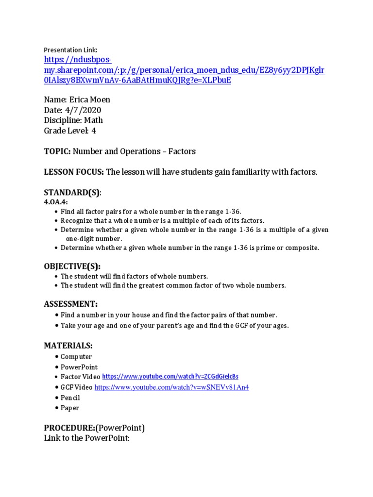 Grade 4 Factors and Multiples Lesson Plan | PDF | Teaching Methods ...