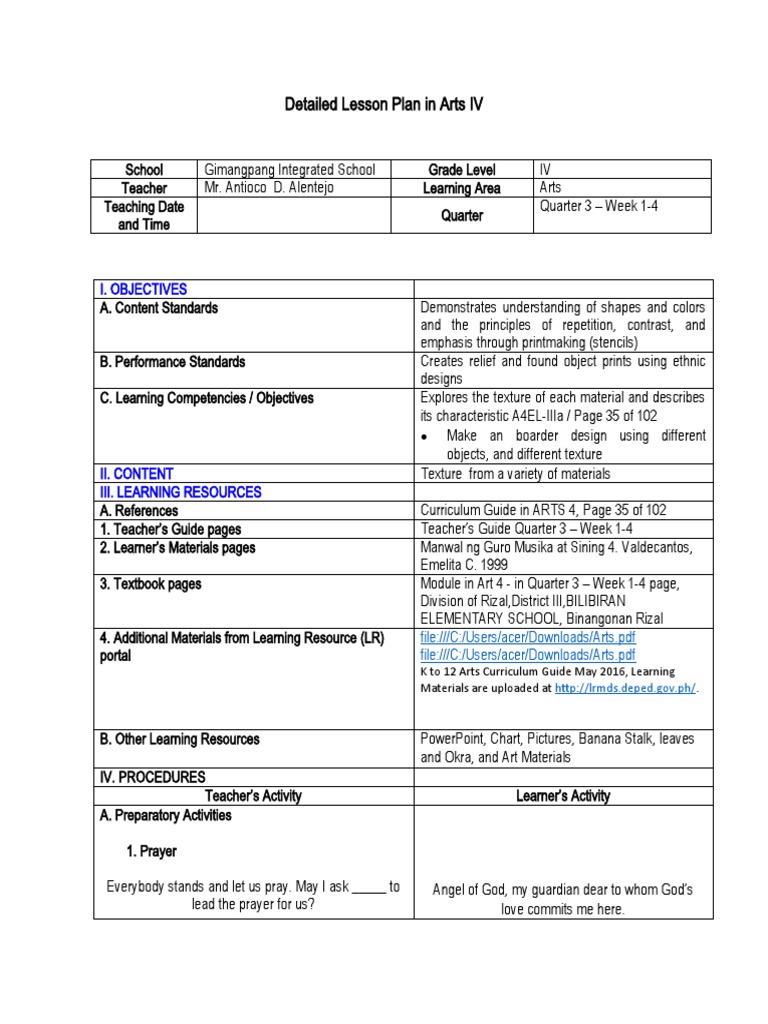 Grade 4 Art Lesson Plan: Textures | PDF | Teachers | Learning
