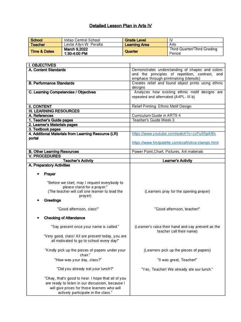 Detailed Lesson Plan in Arts IV | PDF | Learning | Design