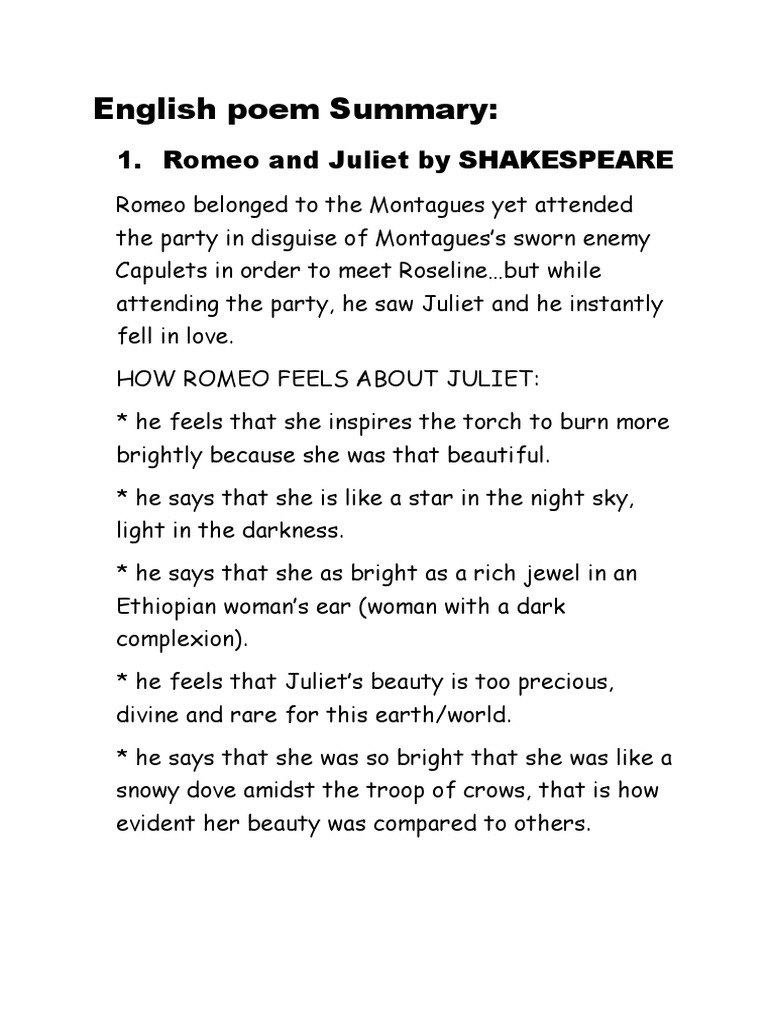 English Poem Summary:: 1. Romeo and Juliet by SHAKESPEARE | Download ...