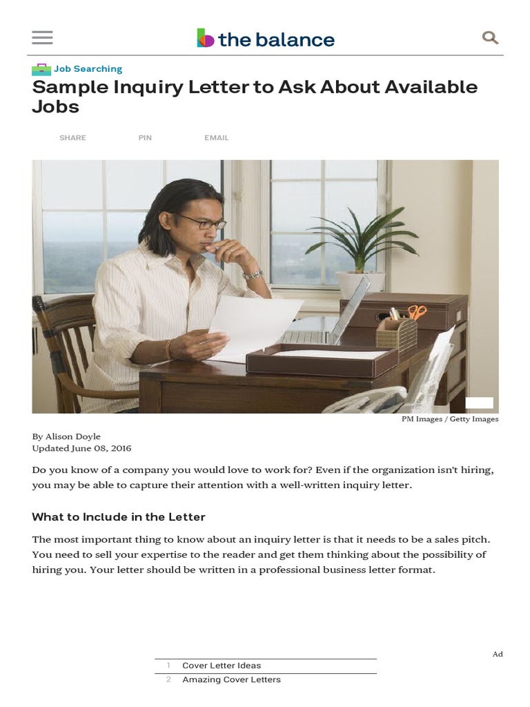 00 00 00 Sample Inquiry Letter To Ask About Available Jobs | PDF