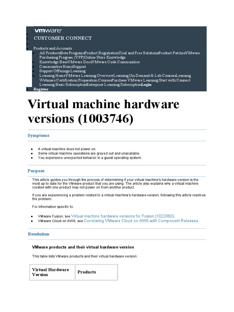 Virtual Machine Hardware Versions (1003746) | PDF | V Mware | Virtual ...
