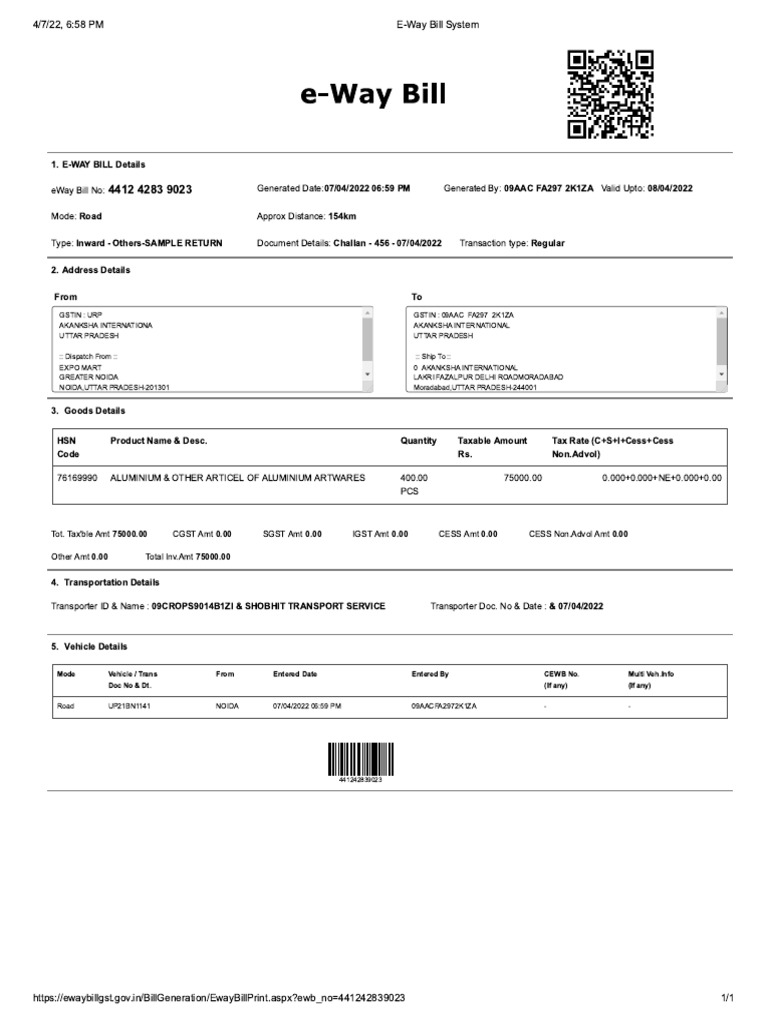 456 E-Way Bill System SAMPLE RETURN | PDF