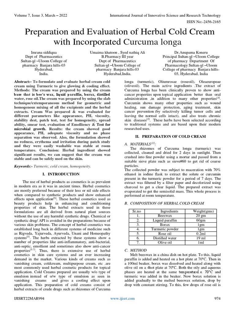 Preparation and Evaluation of Herbal Cold Cream With Incorporated ...