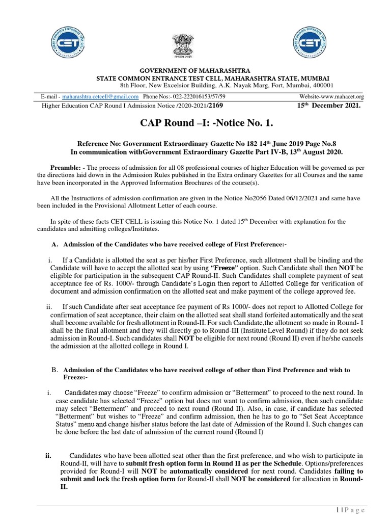 CAP Round - I: - Notice No. 1.: 8th Floor, New Excelsior Building, A.K ...