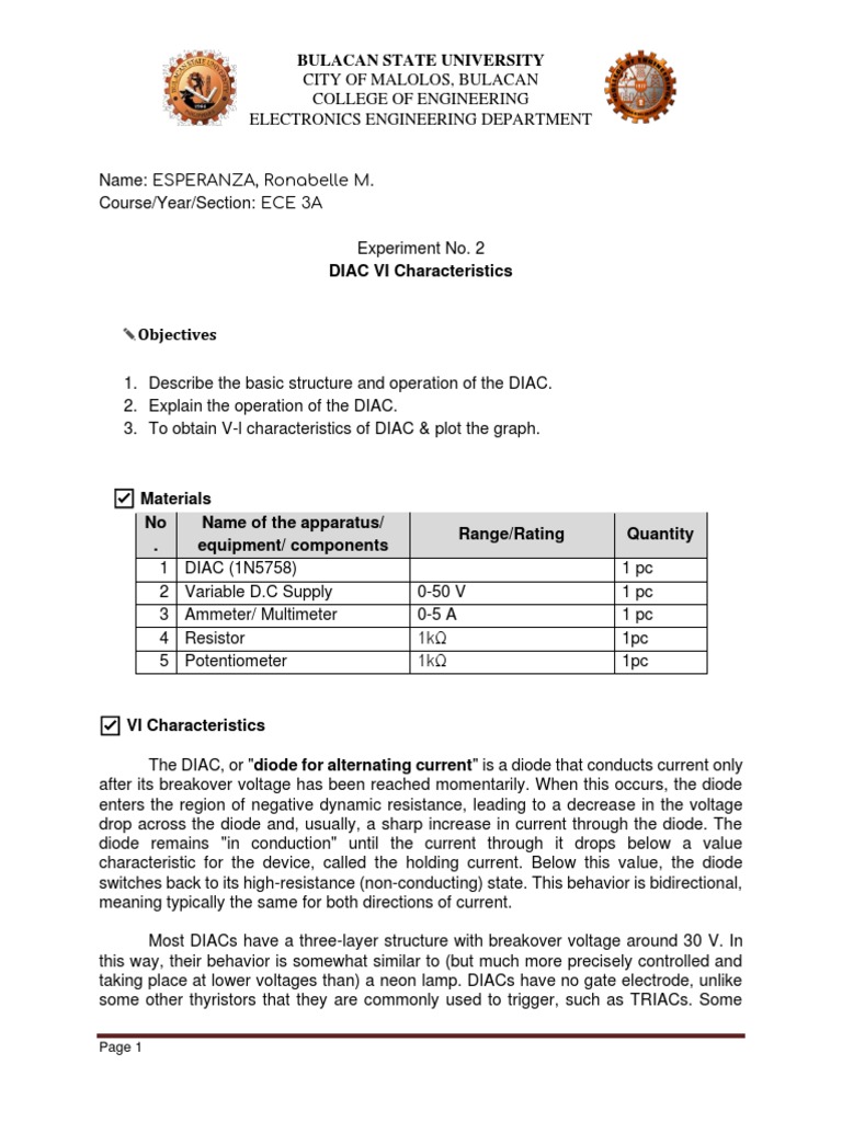 DIAC VI Characteristics Experiment | PDF | Diode | Electrical Components