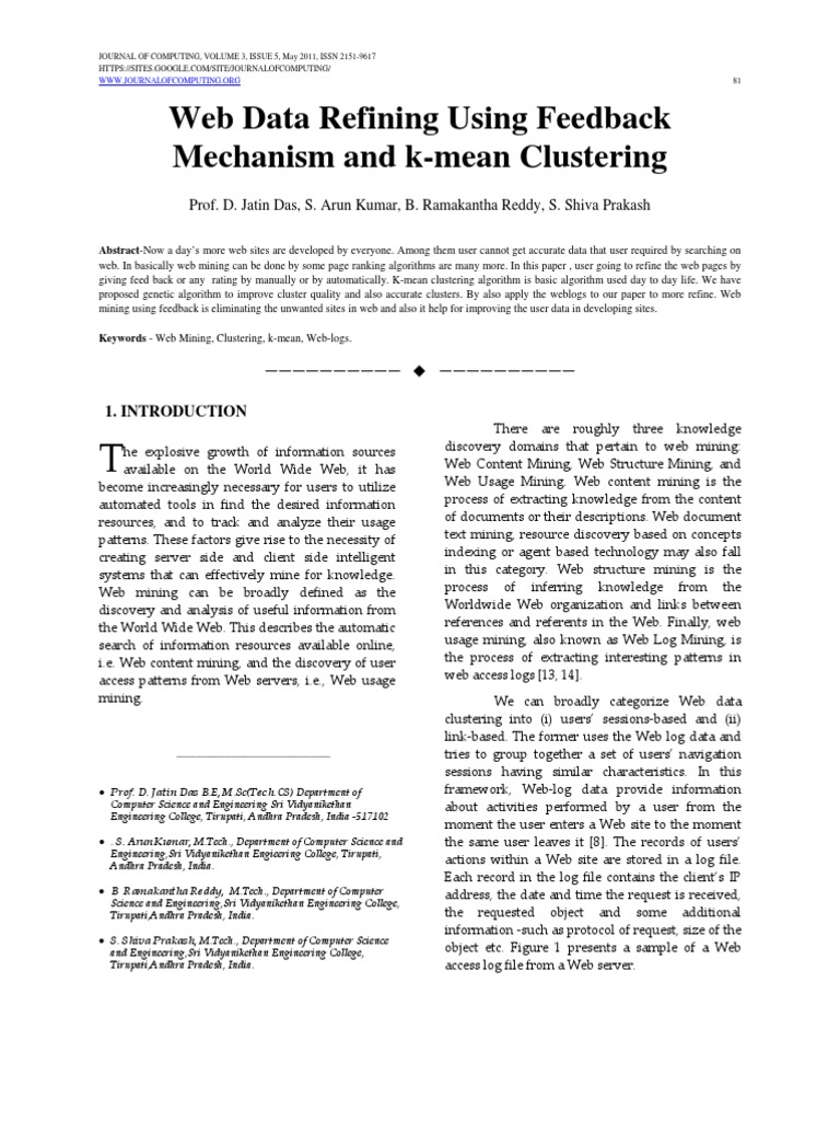 Web Data Refining Using Feedback Mechanism and K-Mean Clustering | PDF | Cluster Analysis ...