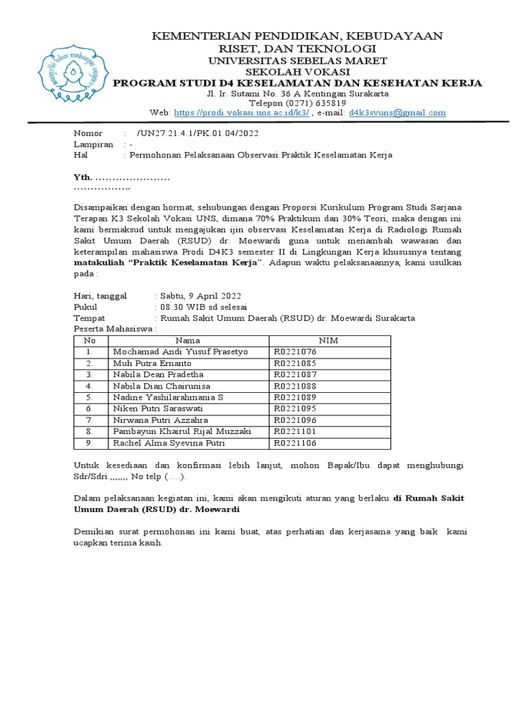 Permohonan Kunjungan Keselamatan Kerja RS | PDF