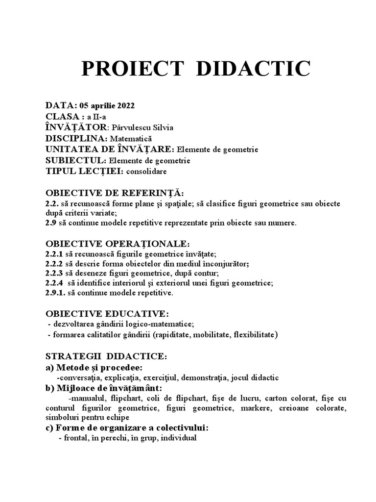Proiect Didactic Elemente de Geometrie | PDF