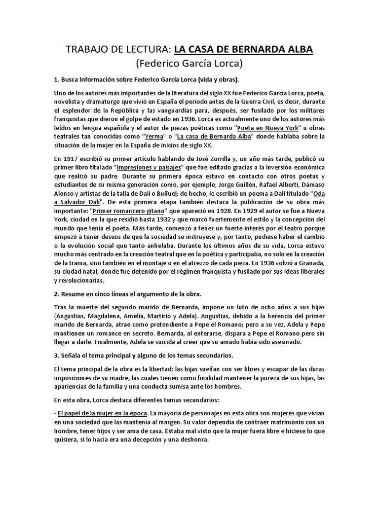 Ejercicios de "La Casa de Bernarda Alba" | PDF | Federico García Lorca