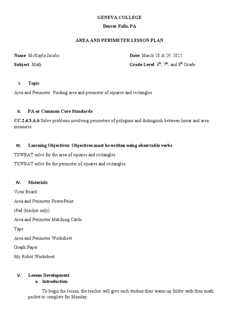 Area Perimeter Lesson Plan 1 | PDF | Area | Teachers