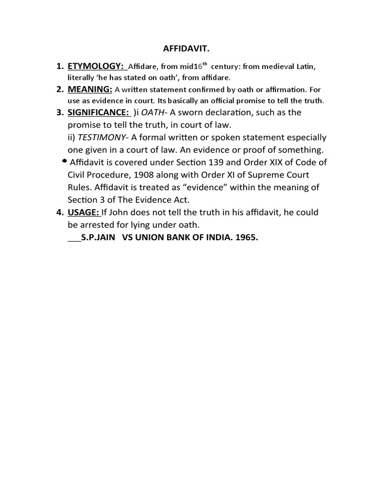 Affidavit. 1. Etymology: 2. Meaning: 3. Significance:) I OATH-A Sworn ...