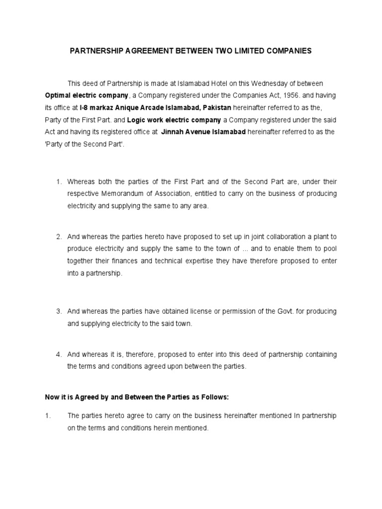 Partnership Agreement Between Two Limited Companies | PDF | Expense ...