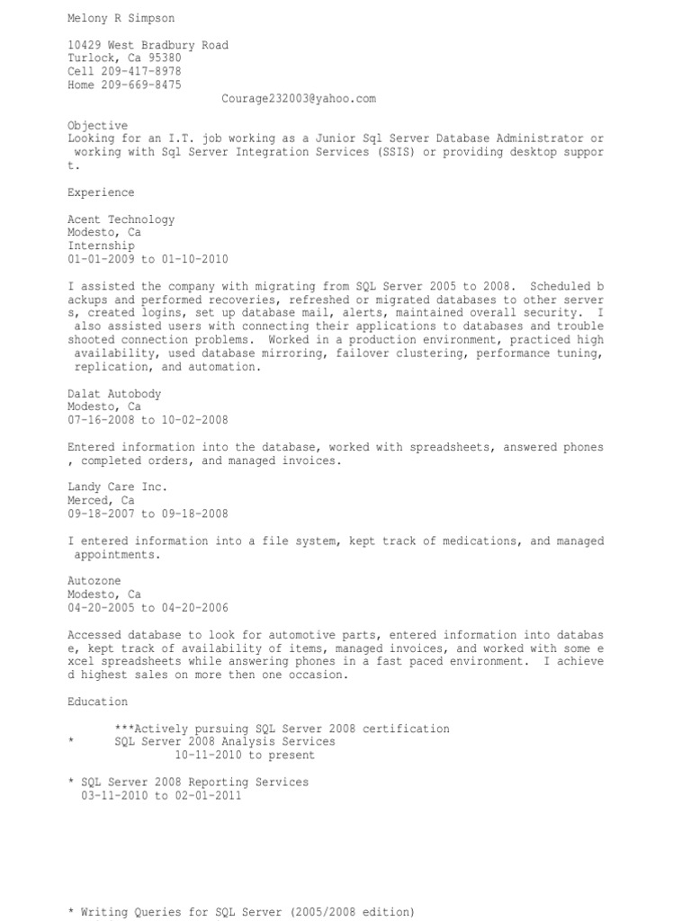SQL Server Database Administrator or Junior SQL Server DBA or IT | PDF ...
