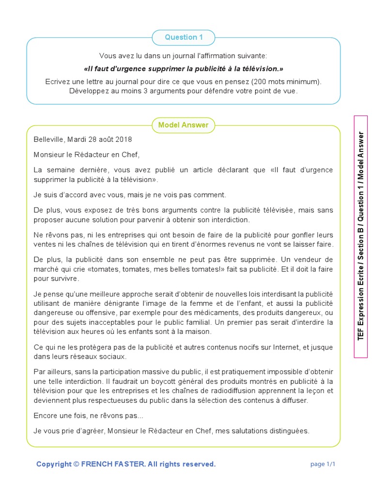 TEF Expression Ecrite Section B Exemple 1 - Edited | PDF