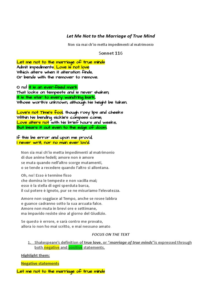 Let Me Not To The Marriage of True Mind Sonnet 116 | PDF | Rhetoric ...