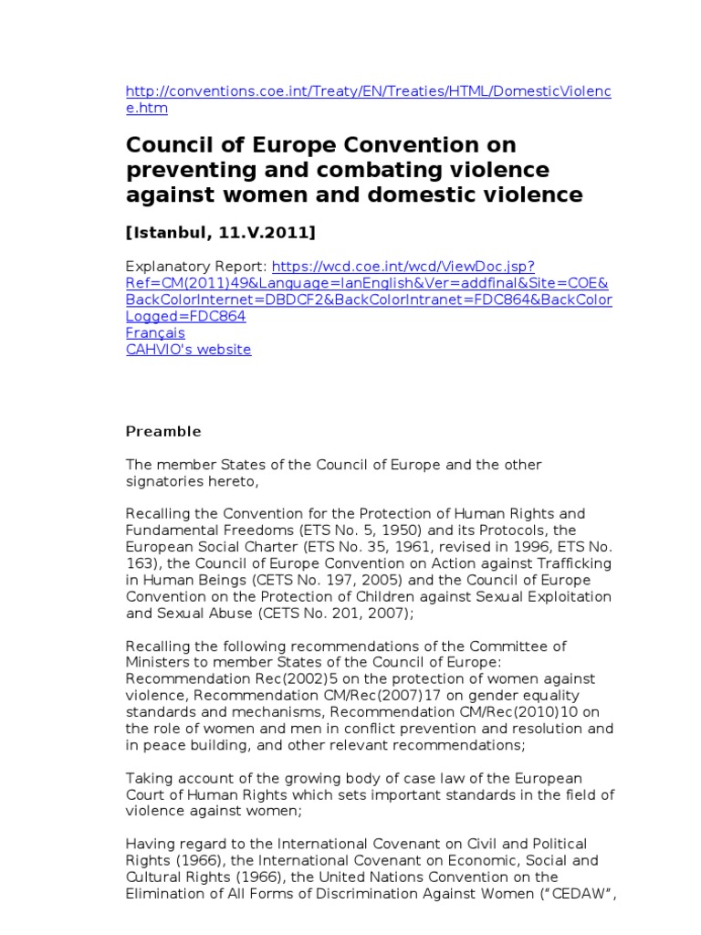 Council of Europe Convention On Preventing and Combating Violence Against Women and Domestic ...