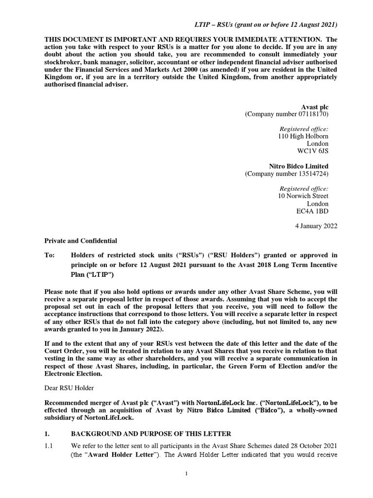 Avast - Rule 15 Letter - LTIP - RSUs | PDF | Vesting | Social Security ...