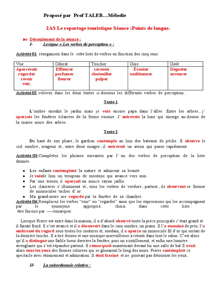 Lexique des verbes de perception | PDF | Cuisine | Clause