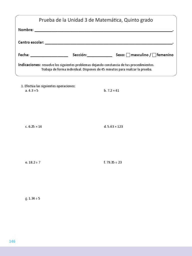 Examen de Matemáticas 5° Grado | PDF