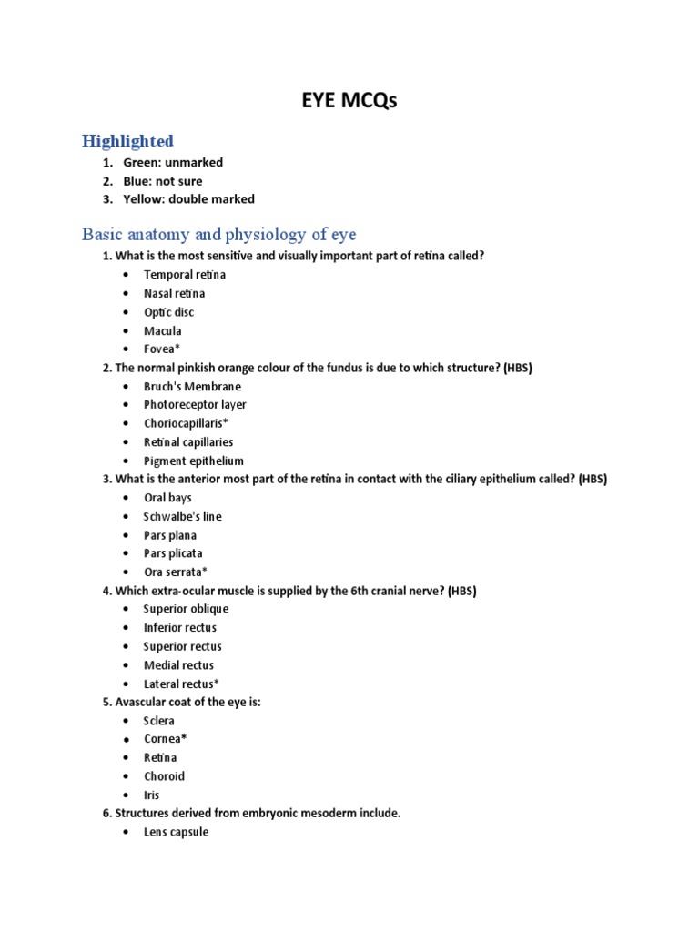 Eye - MCQs Correct | PDF | Cornea | Retina