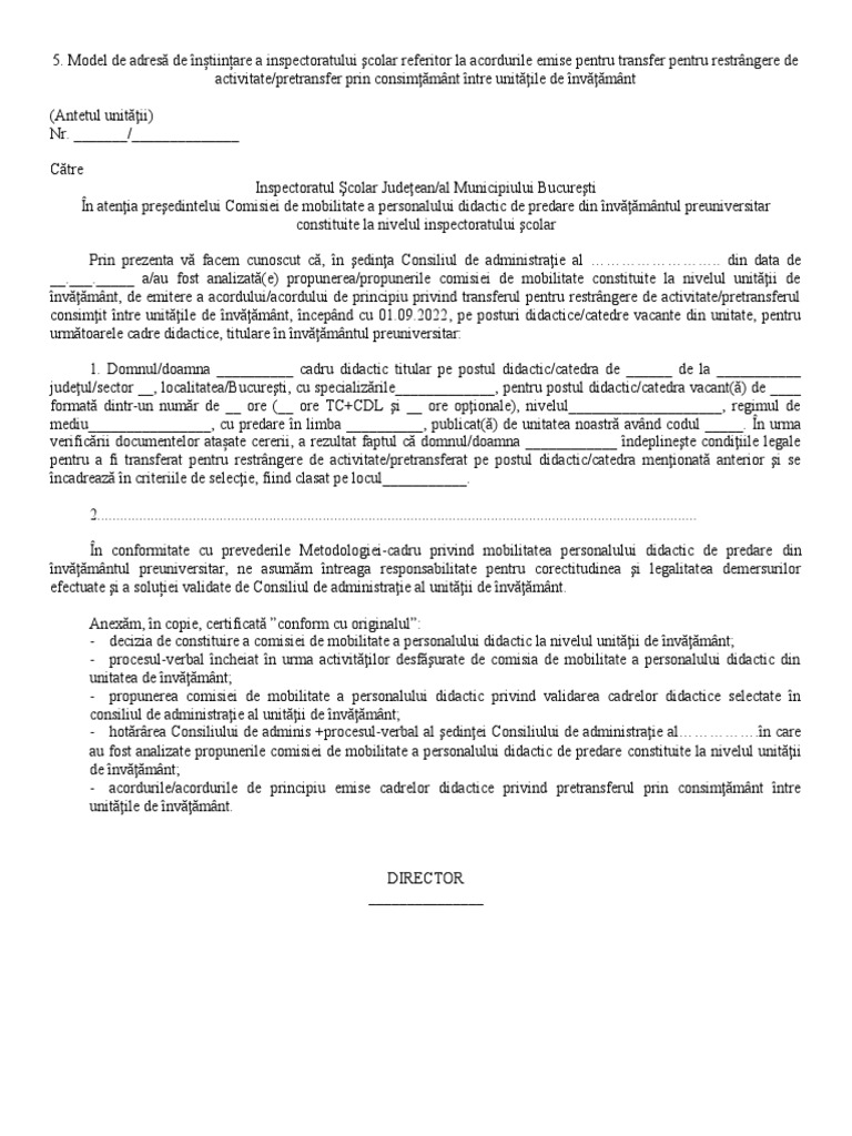 Model Adresa de Instiintare ISJ Transfer Restrangere Pretransfer | PDF