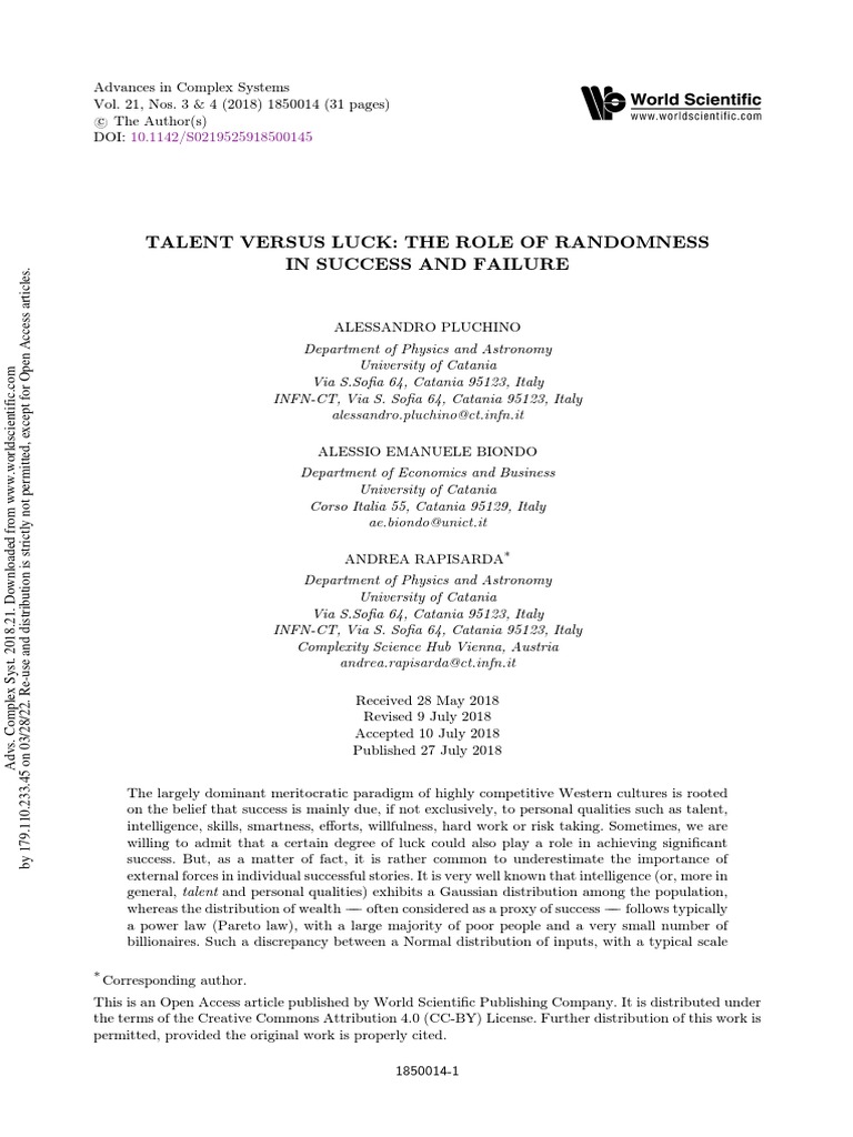 Talent Vs Luck - The Role of Randomness in Success and Failure ...