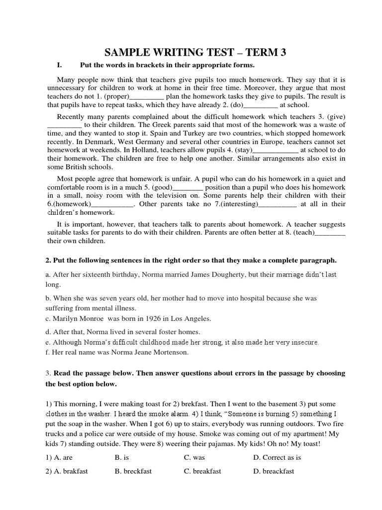 Sample Writing Test - Term 3 | PDF