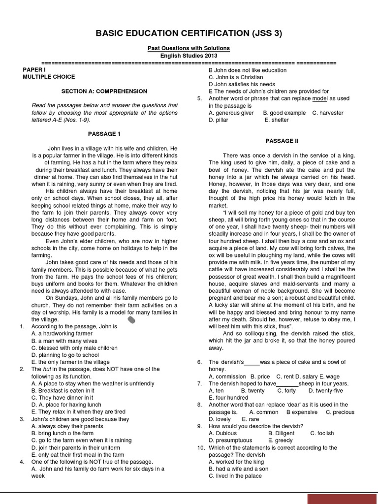 Junior WAEC Past Questions & Solutions | PDF