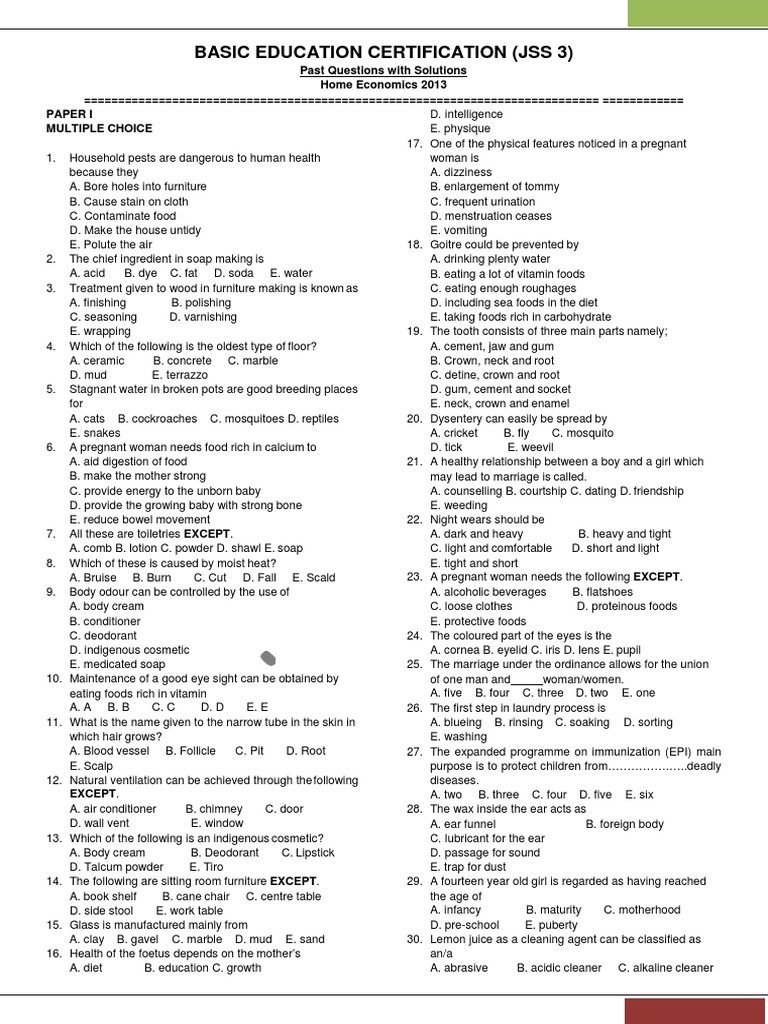 Junior WAEC Past Question - Home Economics (PDF - Io) | PDF | Sewing ...