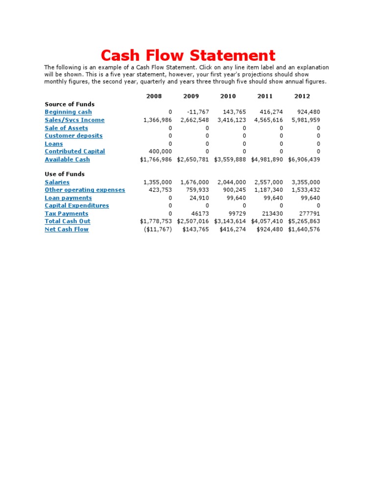 Five-Year Cash Flow Statement Example | PDF | Finance & Money Management