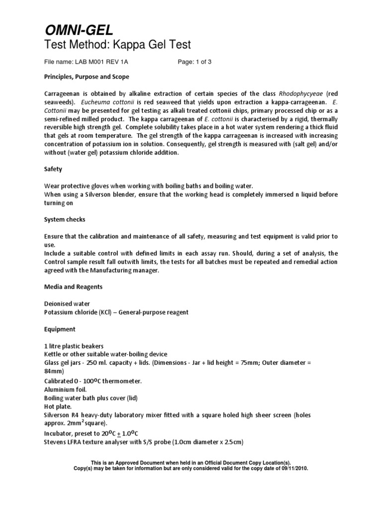 Lab Method LAB M001 Rev 1A - Kappa Gel Test | PDF | Potassium Chloride ...