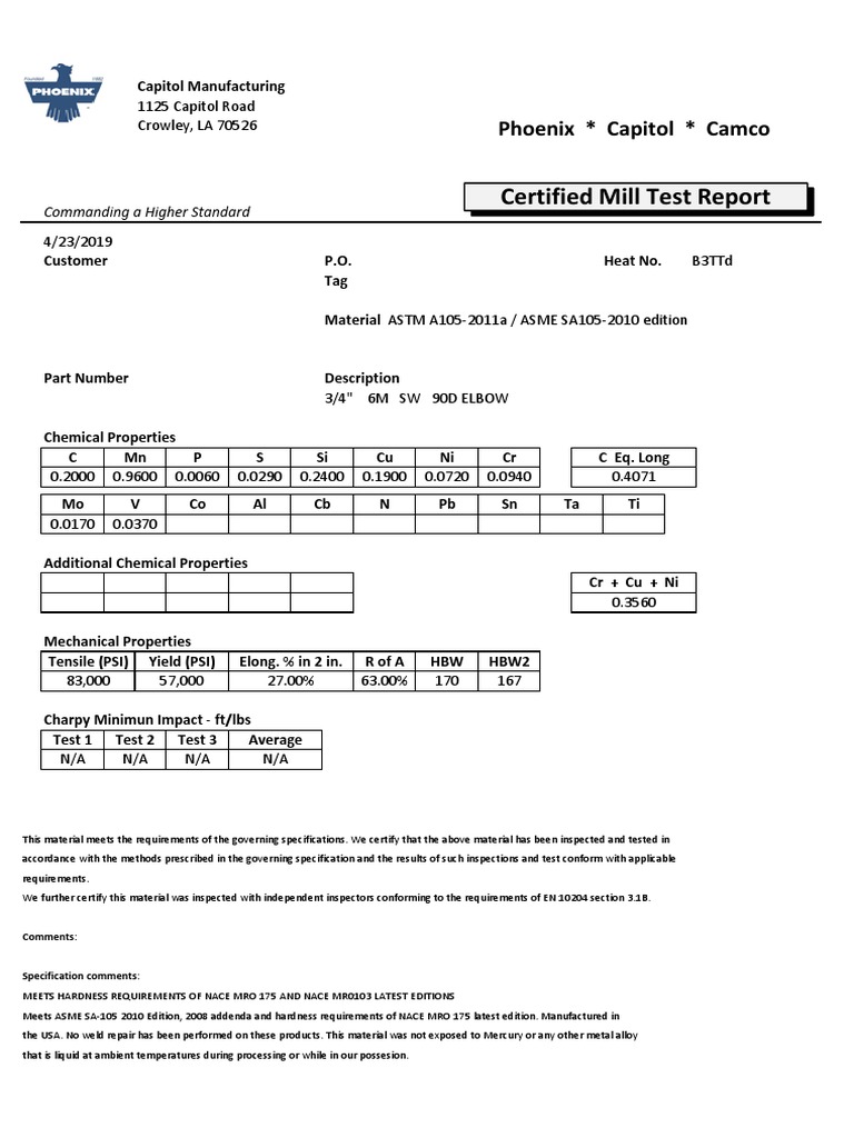 Certified Mill Test Report: Phoenix Capitol Camco | PDF | Materials ...