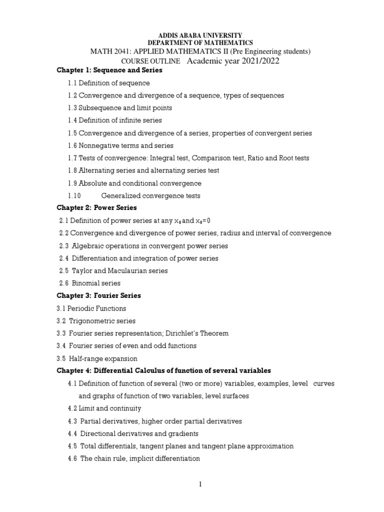 Math 2041 Courseoutline | PDF | Series (Mathematics) | Derivative