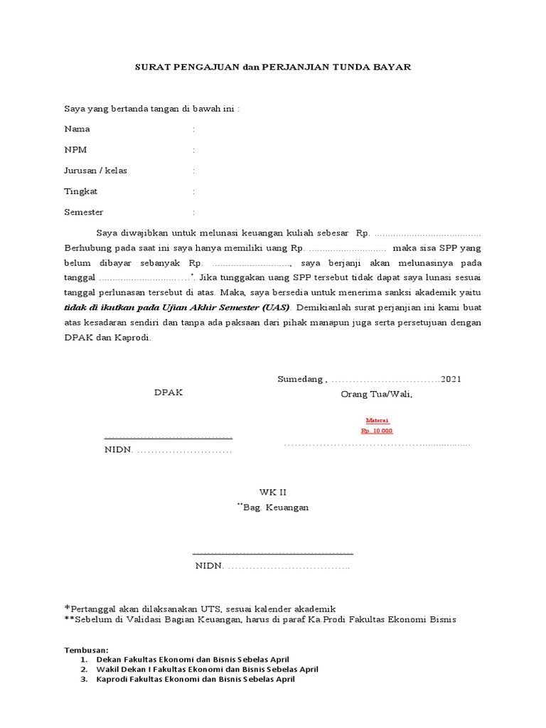 Surat Perjanjian Tunda Bayar SPP Kuliah | PDF