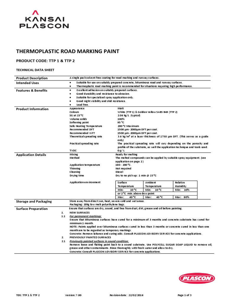 Thermoplastic Road Marking Paint: Product Code: TTP 1 & TTP 2 | PDF ...