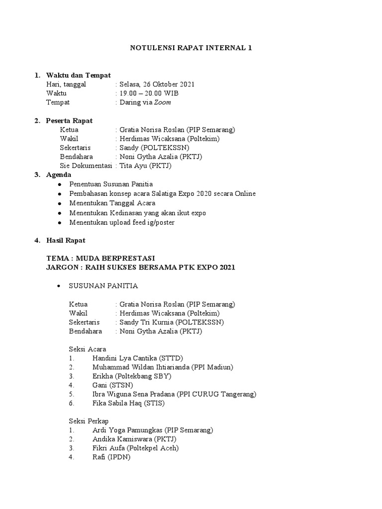 Notulensi Rapat Internal 1 | PDF