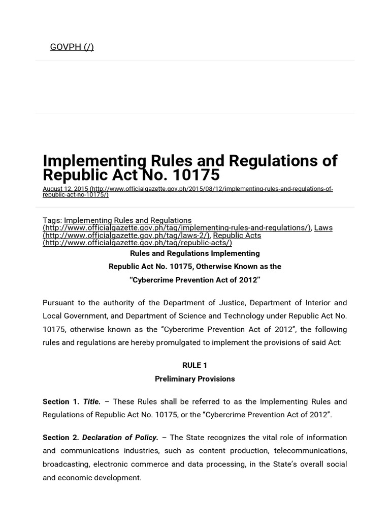 IRR Republic Act 10175 - Cybercrime Prevention Act of 2012 | PDF