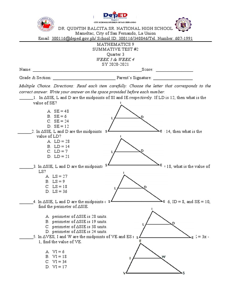 Mathematics 9 Summative Test #2 | PDF