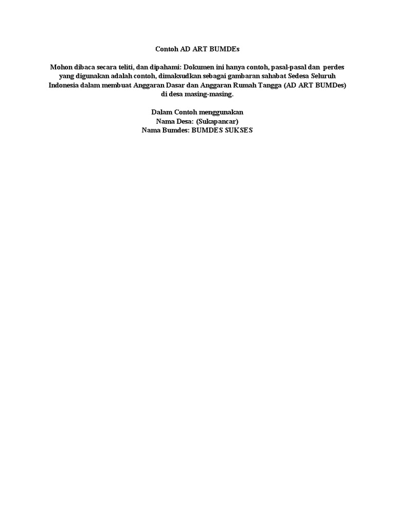 Contoh AD Dan ART Bumdes Sukses | PDF