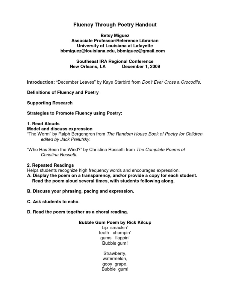 Fluency Through Poetry Handout | PDF | Reading (Process) | Phonics