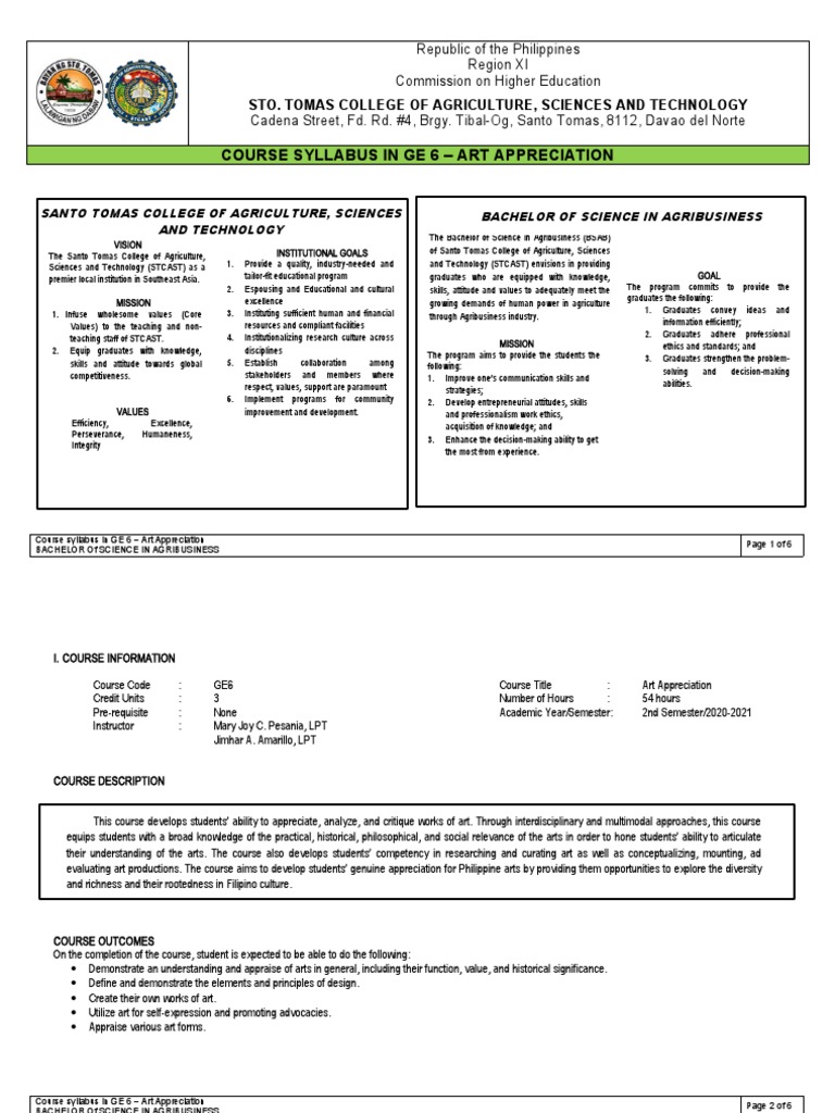 GE 6: Art Appreciation Syllabus | PDF