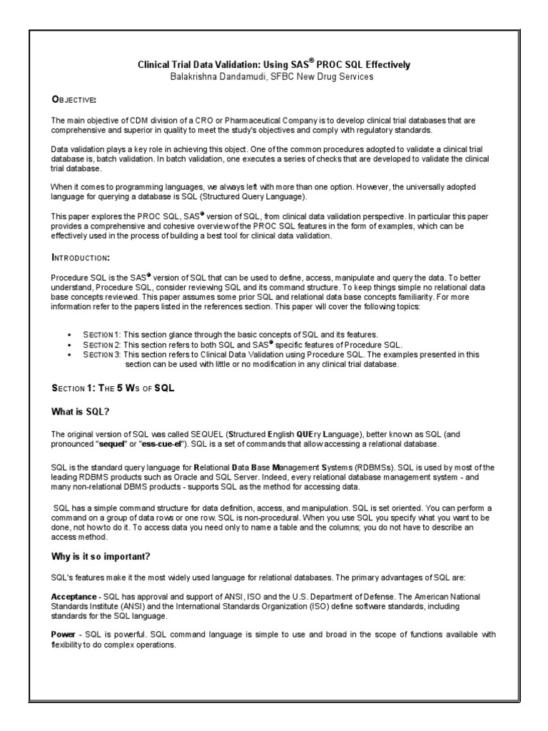 Clinical Trial Data Validation Using SAS PROC SQL Effectively | PDF